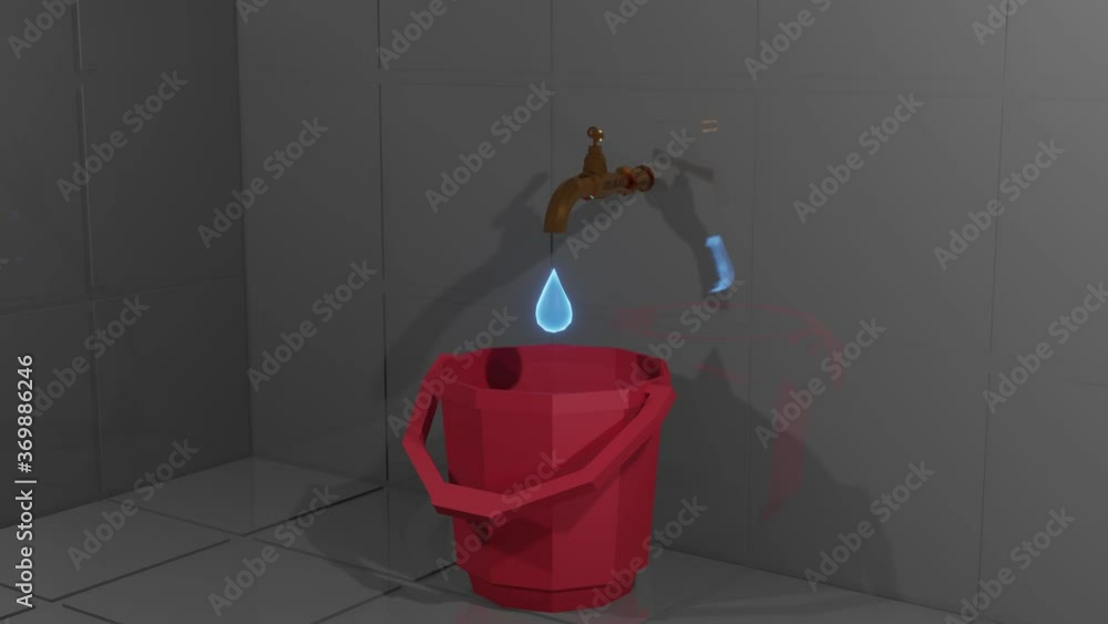 A blue glowing water drop falling from a golden water tap, into a ...