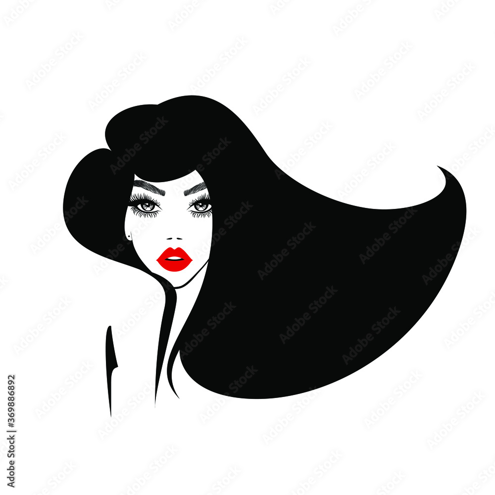 Beautiful Sexy Woman Face Red Lips Black Hair Style Fashion