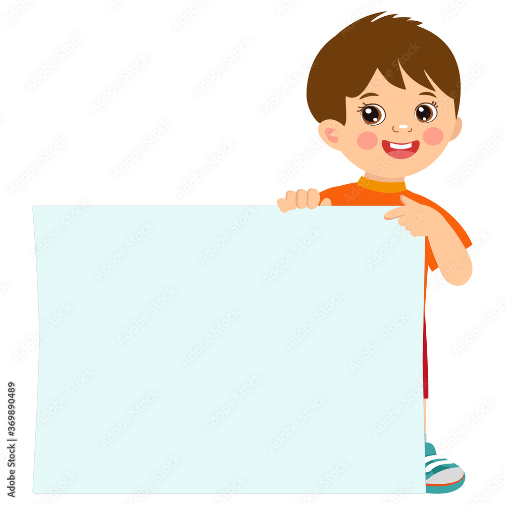 Cartoon boy holding empty blank board with space for text vector ...