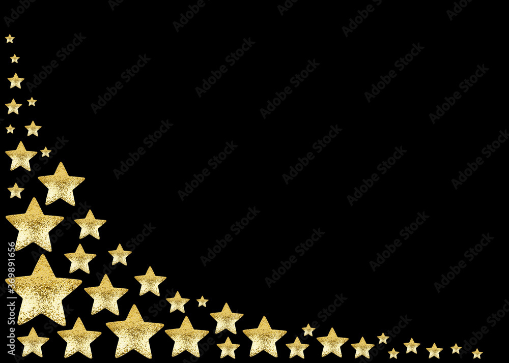 Golden star frame on black background isolated, corner border made of shiny gold stars ...