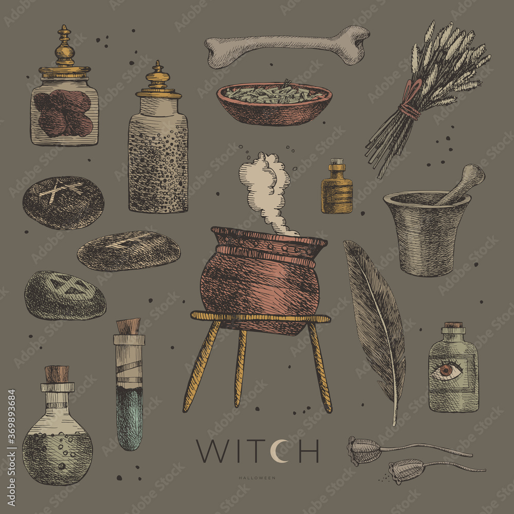 Large set of mystical items for witchcraft vector illustration ...