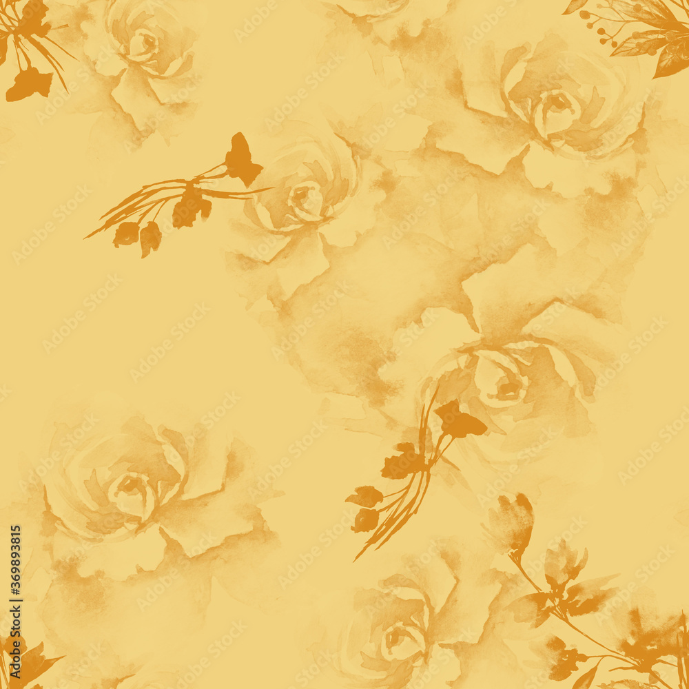 vintage hand drawn watercolor drawing yellow rose flowers, leaves in ...