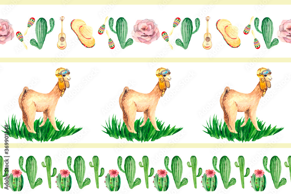 Seamless pattern with an Alpaca pilot on a green lawn, cacti, musical ...