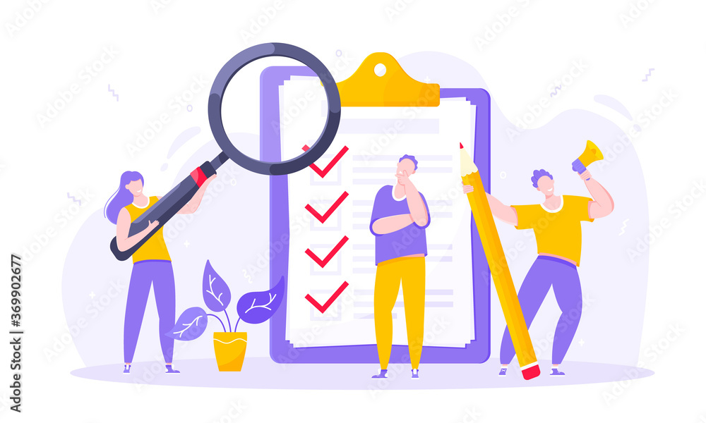 Task done business concept tiny people with megaphone, magnifying glass ...