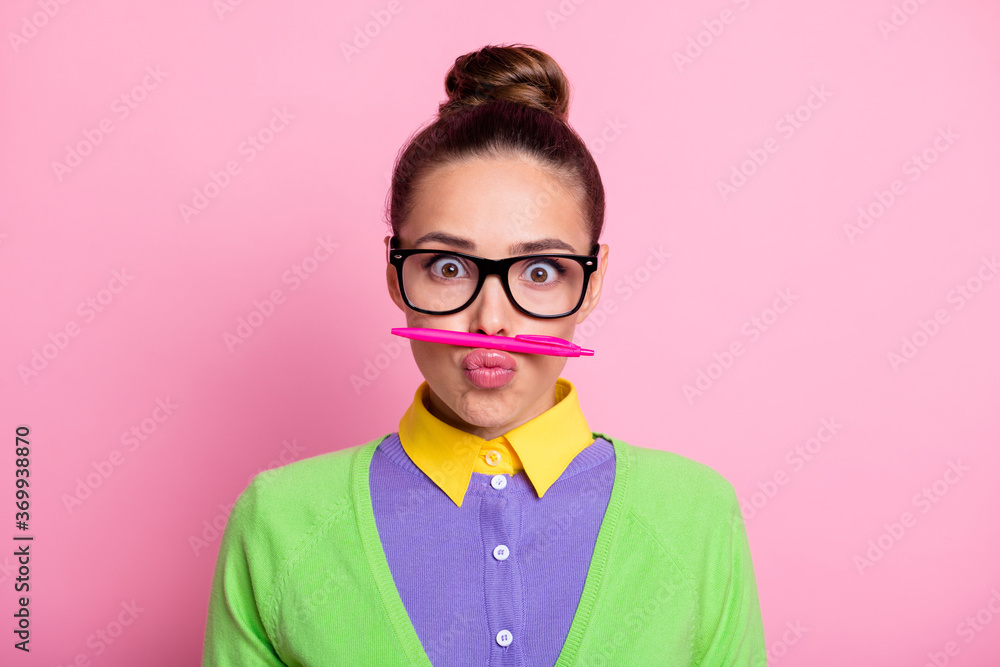 Photo of crazy careless high school girl have pen lips nose want comic ...