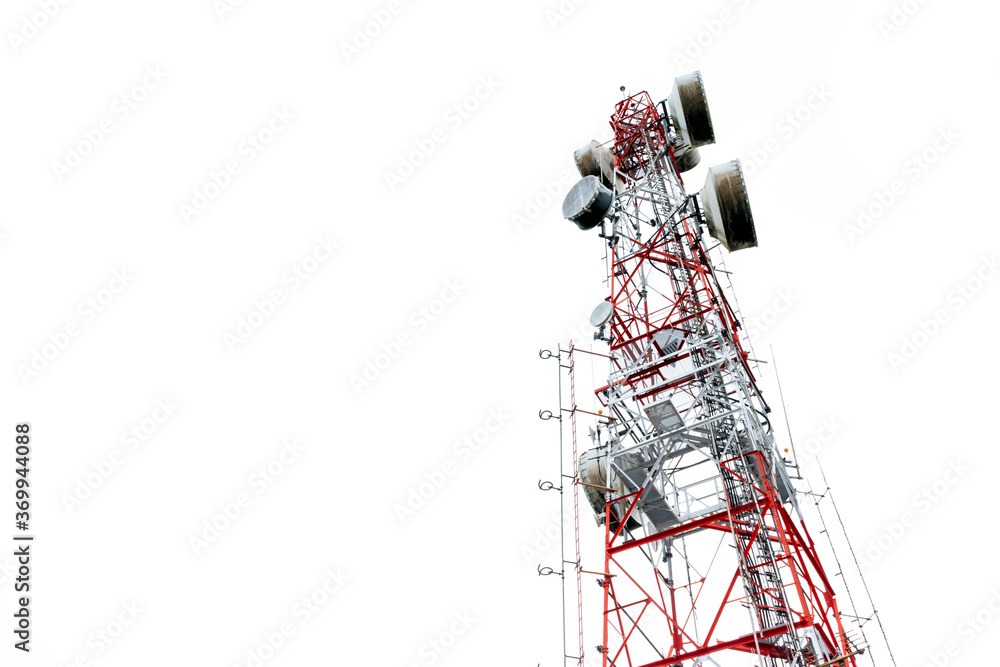 Look up to view the telecommunication pole isolated on white background ...