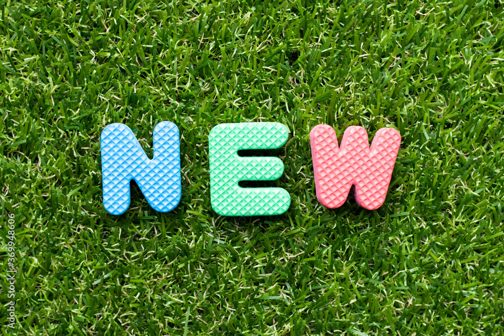 Toy foam letter in word new on green grass background Stock Photo ...