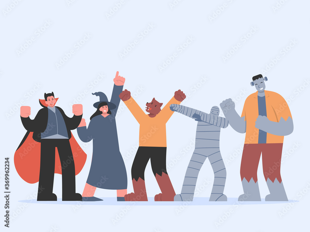 Vetor de Cute devil friend gang enjoy dancing at Halloween party ...