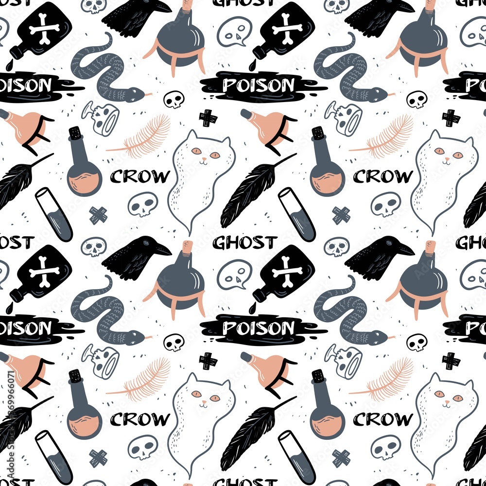 Seamless vector pattern with poison, skulls, crow, test tubes, snake ...