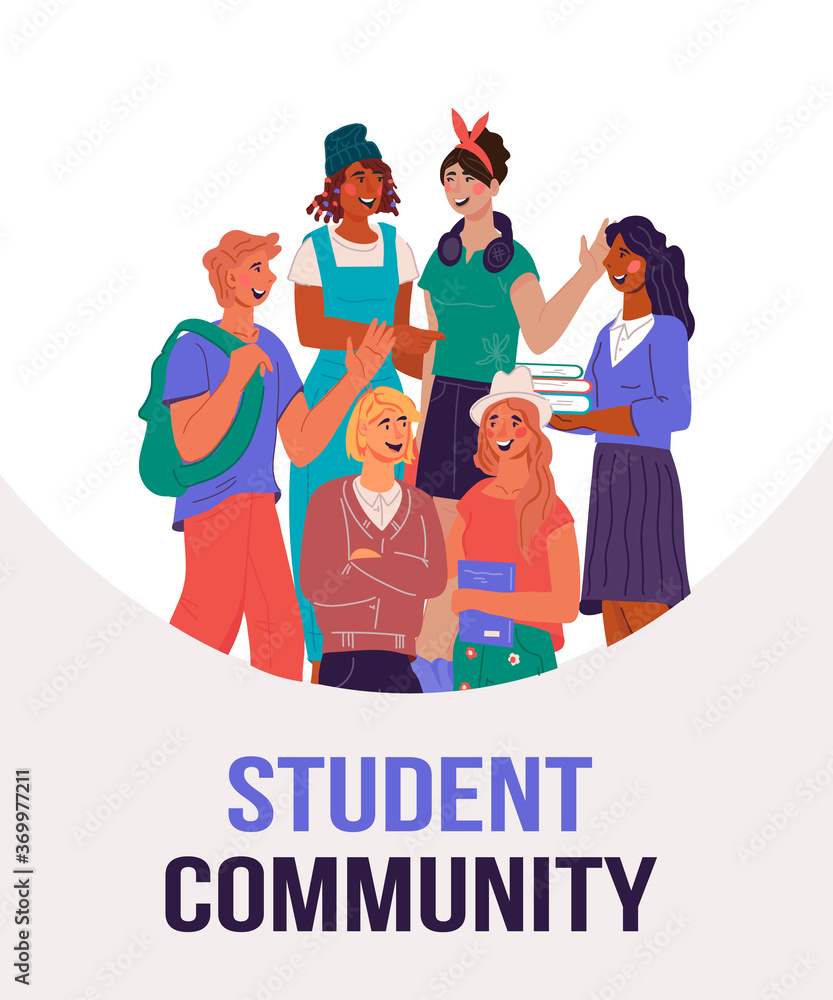 Student university community banner concept with young people standing ...