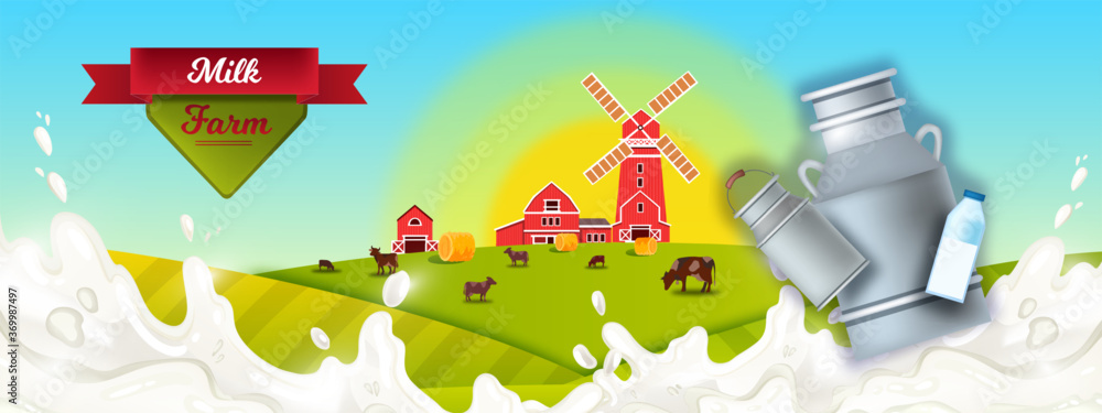 Milk farm vector background with grazing cows, splash, cans, mill ...