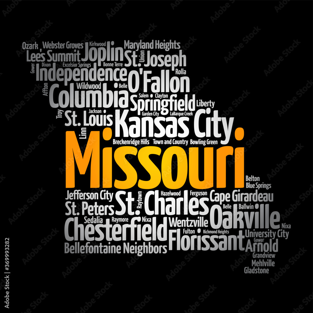 List of cities in Missouri USA state, map silhouette word cloud, map ...