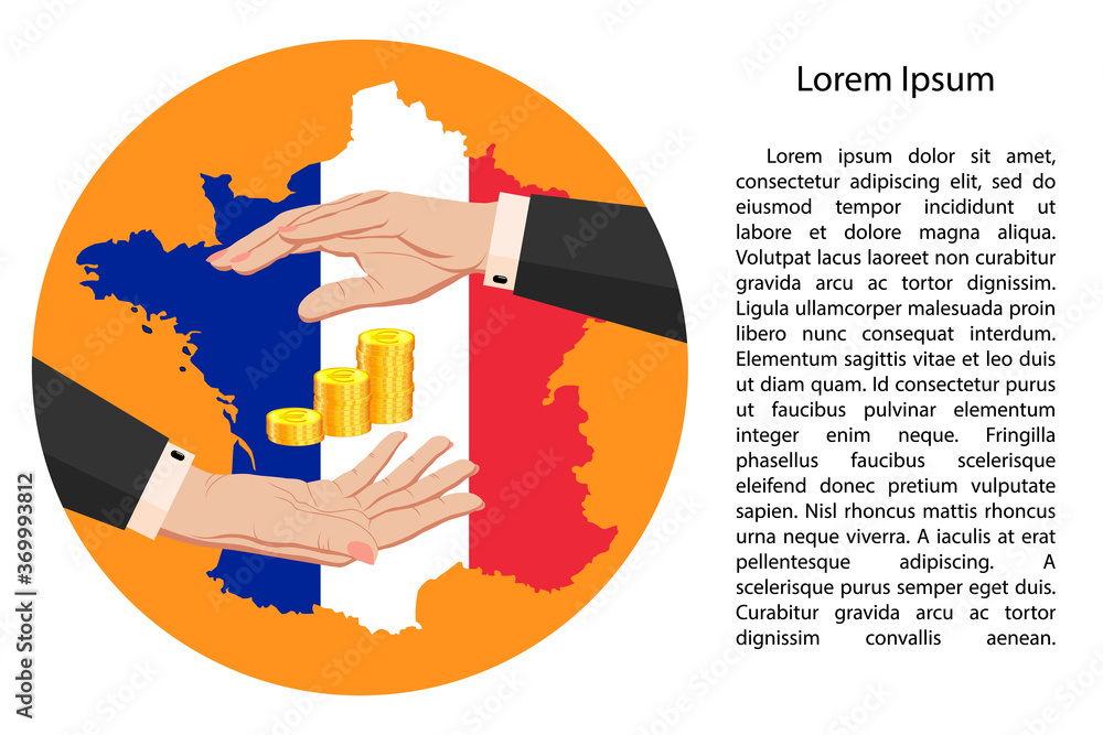 Economy and budget of France. Two female hands around gold euro coins ...