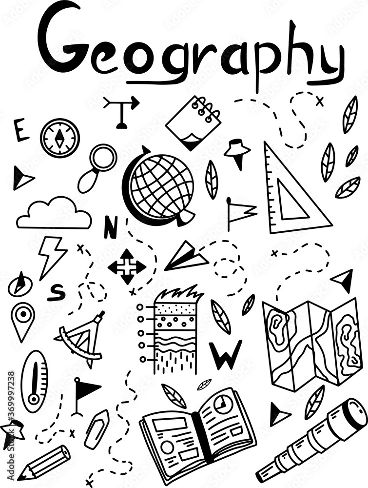 Set of doodles with geographical elements, a globe, a map, a telescope ...