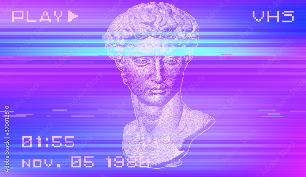 Cyberpunk-style collage with plaster 3D head and pixel artifacts ...