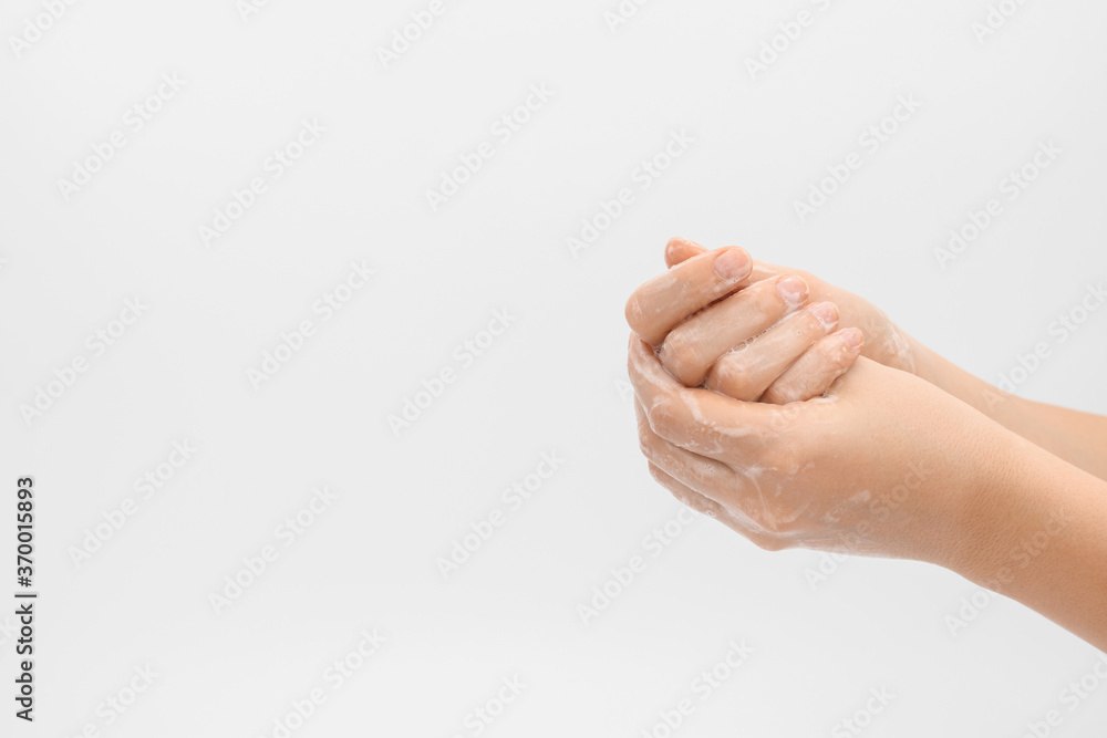 Soaping hands, process. Hands washing gesture, soapy female hand foam ...