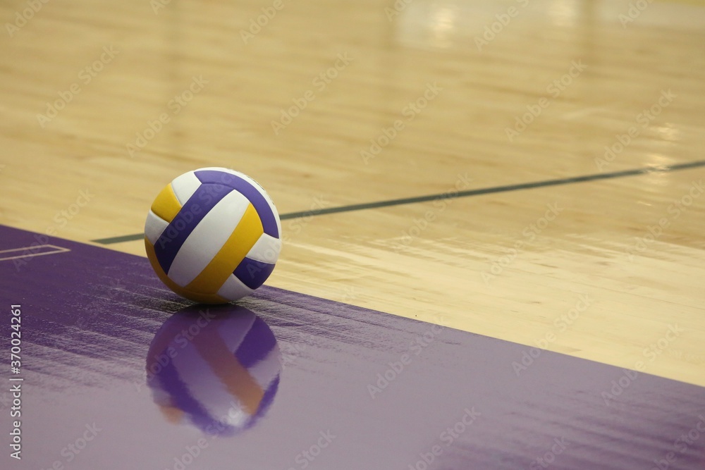 Purple and yellow volleyball on wooden gym floor with purple and black ...