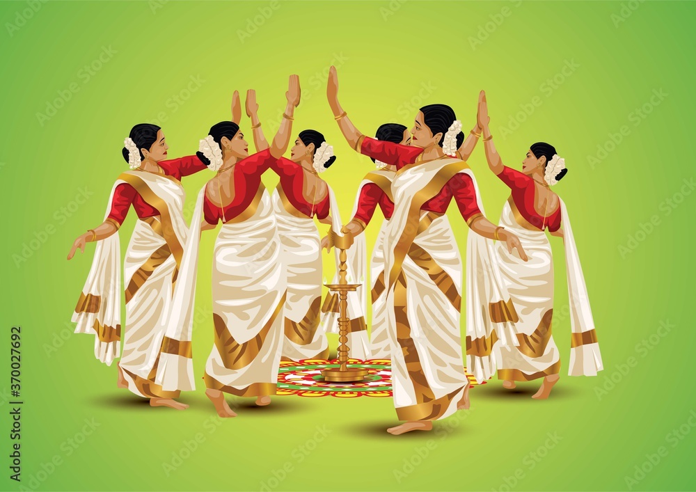 Vetor do Stock: happy onam greetings.Thiruvathira,a traditional dance from Kerala. vector ...