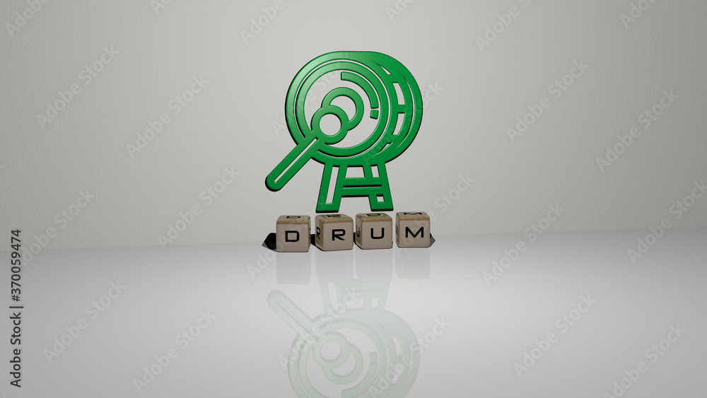 3D graphical image of drum vertically along with text built by metallic ...