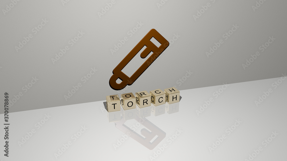 3D illustration of torch graphics and text made by metallic dice ...
