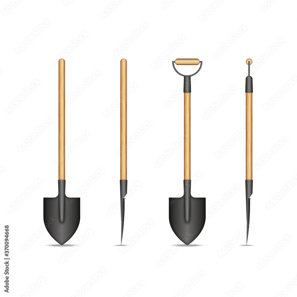 Spade shovel with wooden handle isolated on white, hand tool set 3d ...