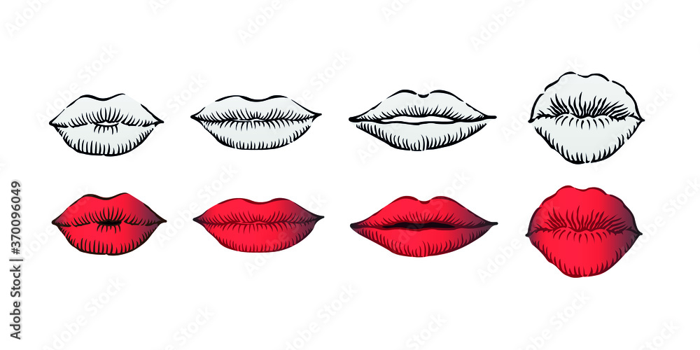 Lipstick kiss print isolated vector illustration set. red vector lips set. Different shapes of ...