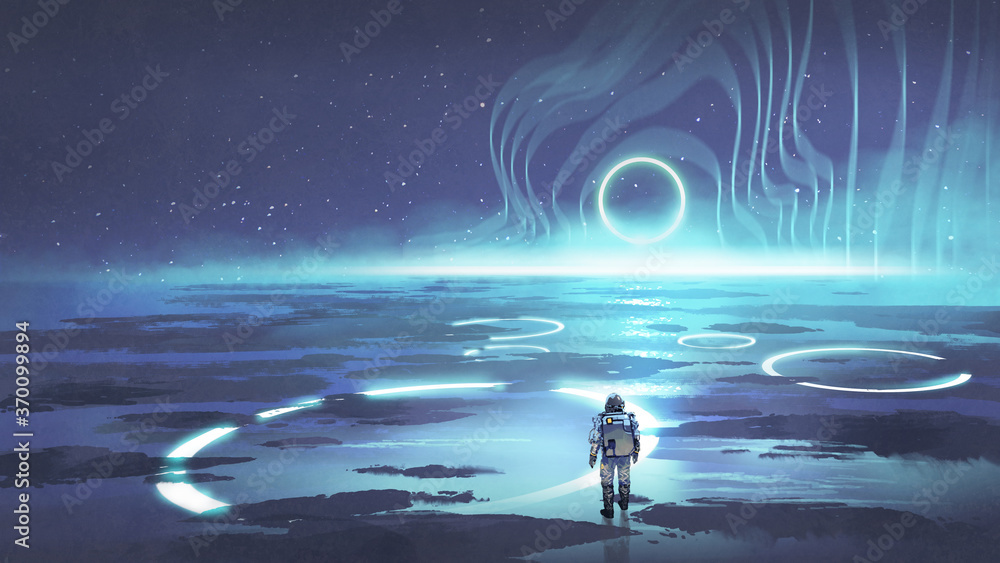 spaceman walking on planet with glowing blue ring light, digital art ...