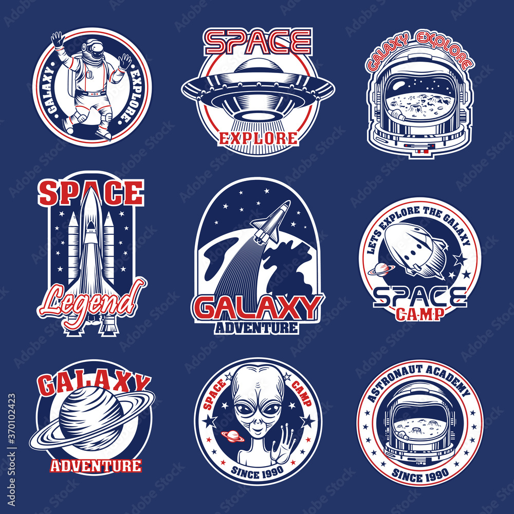 Space patches set. Retro logos, vintage stamps with shuttle, spaceman ...