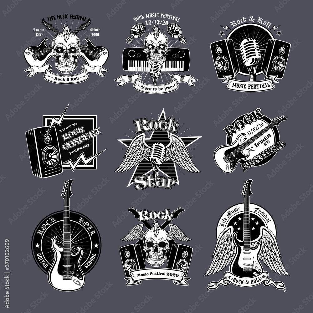 Rock music vintage logo set. Art badges with skulls, guitars ...