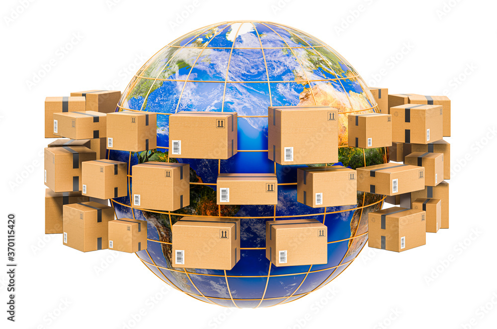 Global shipping and delivery concept, parcels with Earth Globe around ...