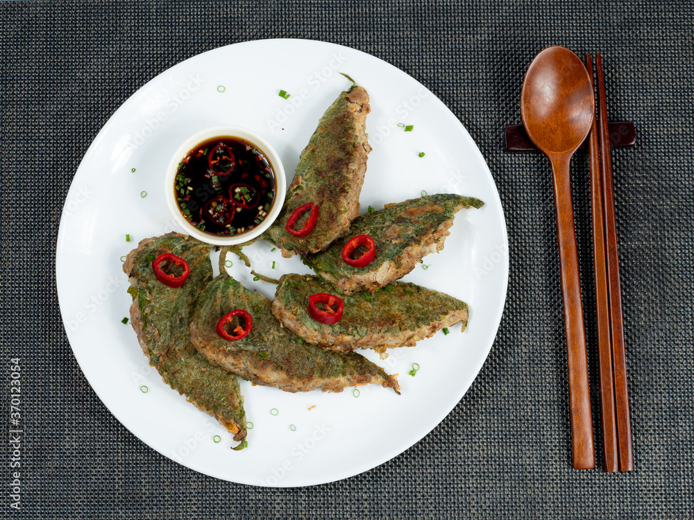 Korean food : Kkaennipjeon. Half-folded perilla leaves stuffed with a ...