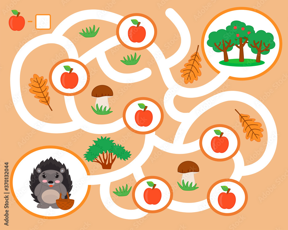 Maze game for children. Help the hedgehog pick apples in a basket ...