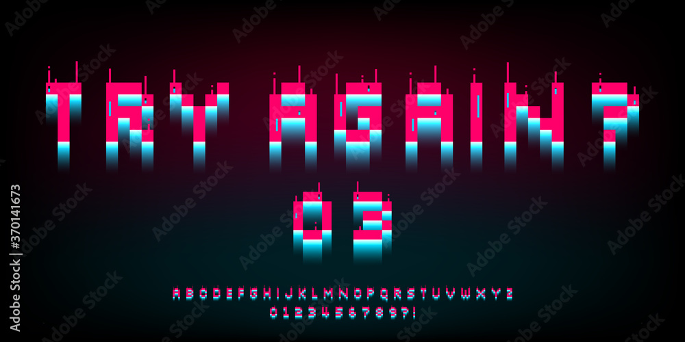 Pixel glitch font. 8 bit distortion letters, numbers and symbols. Retro ...