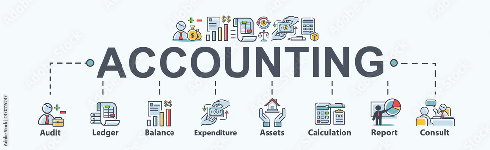Accounting banner web icon for business company, audit, ledger, income ...