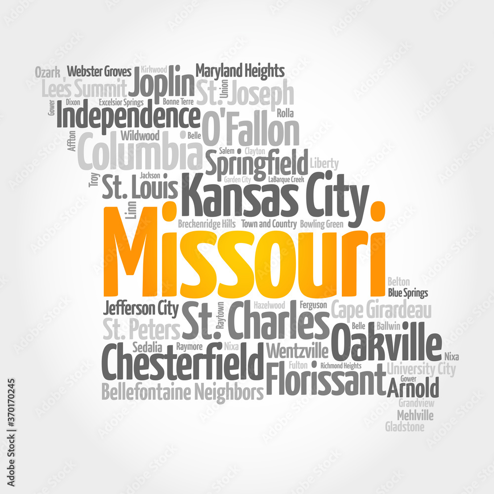List of cities in Missouri USA state, map silhouette word cloud, map ...