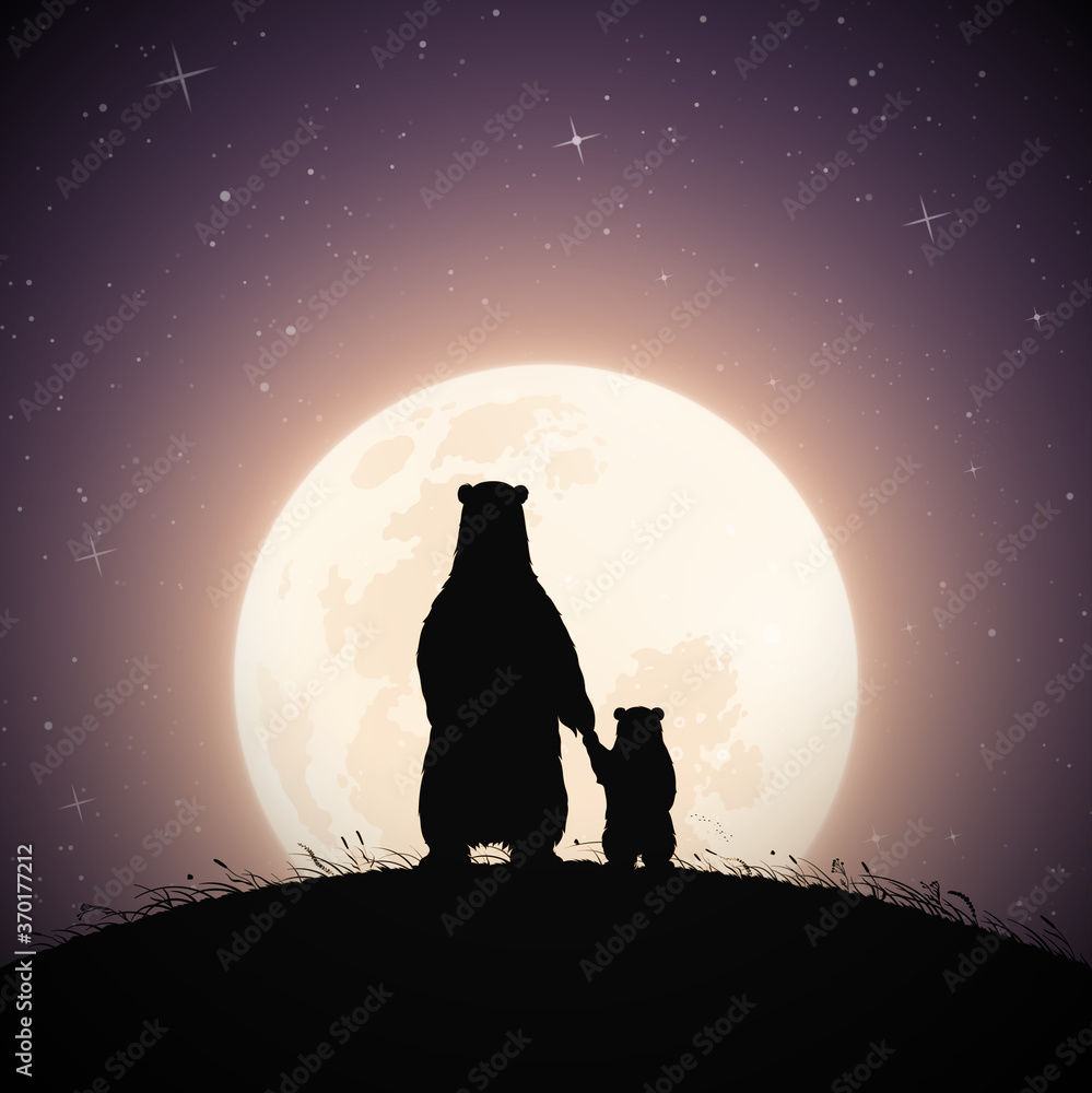 Mom bear and baby holding hands on moonlight night. Animal family ...