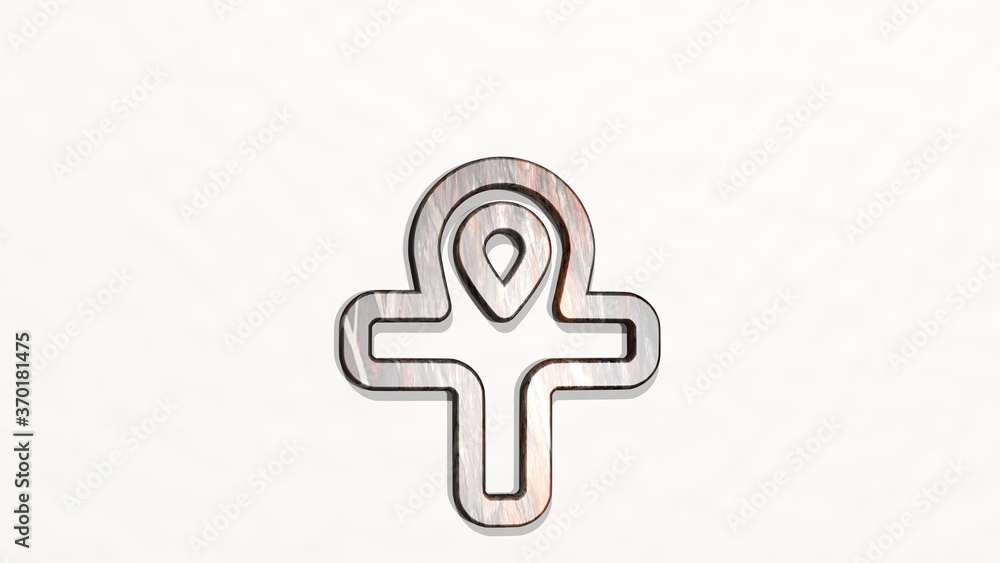 RELIGION ANKH on the wall. 3D illustration of metallic sculpture over a ...