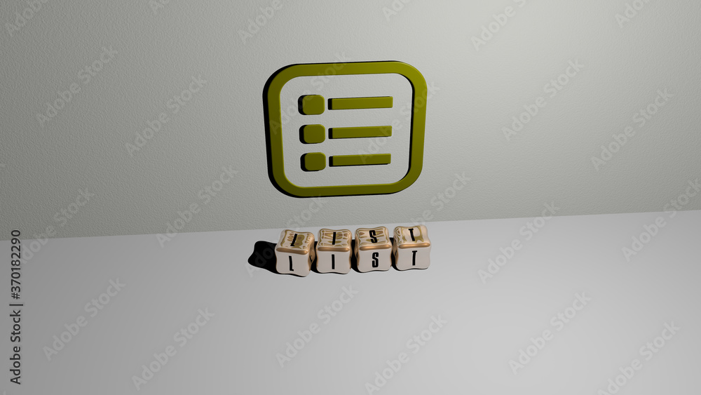 3D illustration of list graphics and text made by metallic dice letters ...