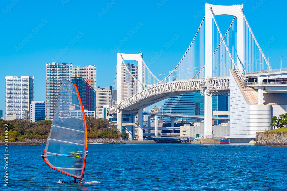 Japan.Tokyo. Rainbow bridge in Tokyo closeup. The Island Of Odaiba ...