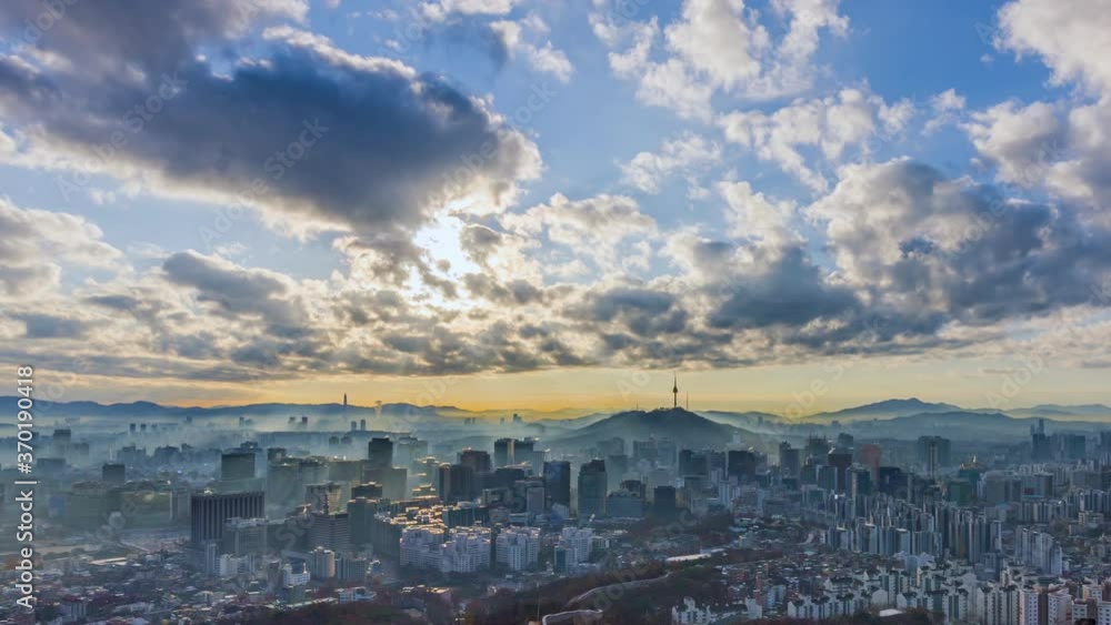 Seoul city modern building with Beautiful clouds flow through the Seoul ...
