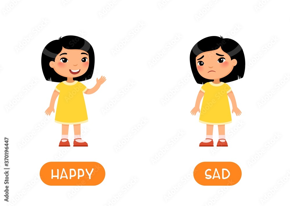 Mood concept, HAPPY and SAD. Childish word card with opposites vector ...