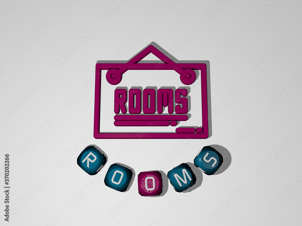3D representation of ROOMS with icon on the wall and text arranged by ...
