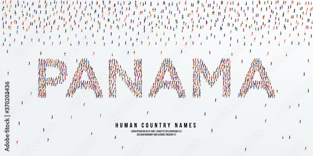 Human country name Panama. large group of people form to create country ...