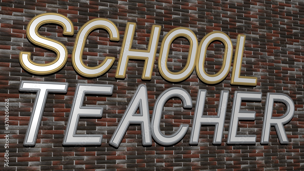 3D representation of school teacher with icon on the wall and text ...