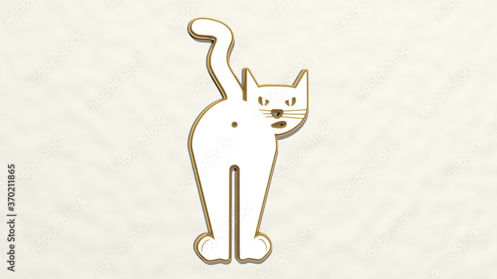 cat with butt on the wall. 3D illustration of metallic sculpture over a ...