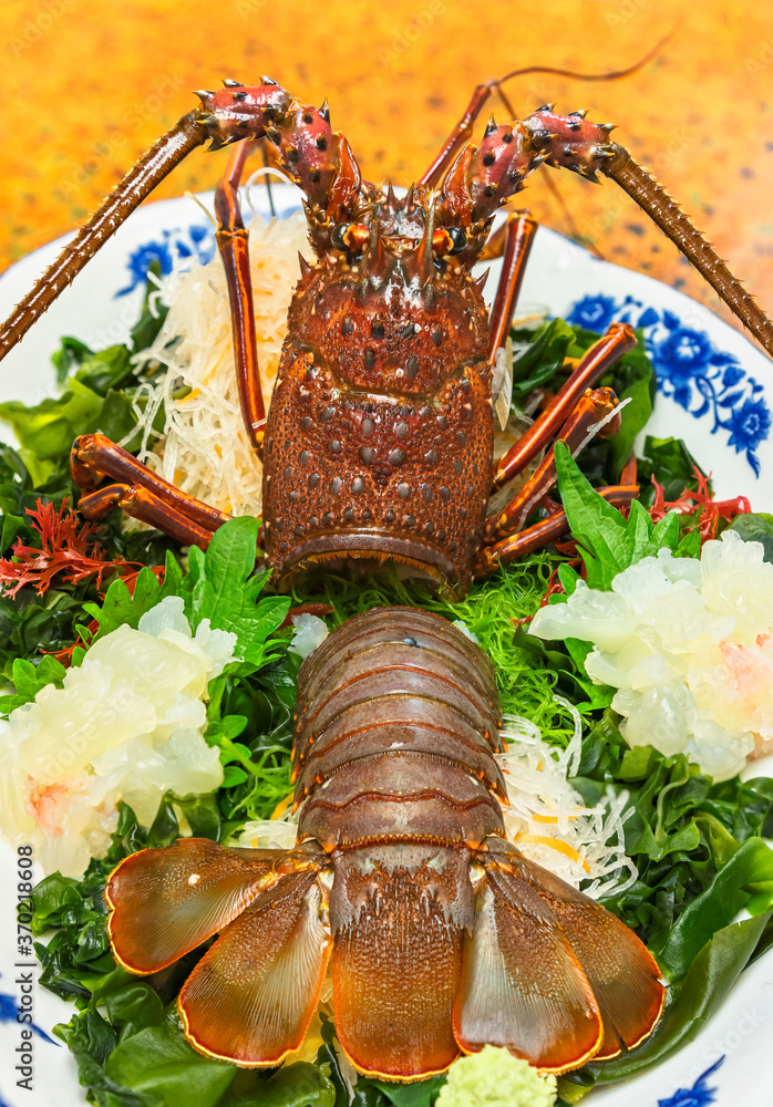 Close-up on raw sashimi high-class japanese cuisine of fresh Ise-ebi ...