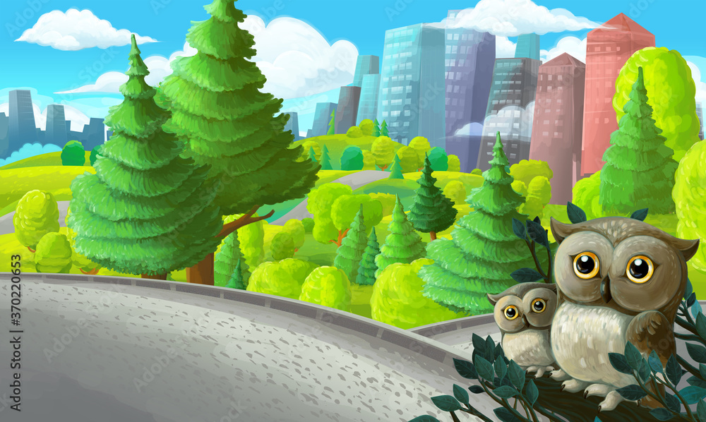 cartoon scene in park near city with plane flying and owls illustration ...