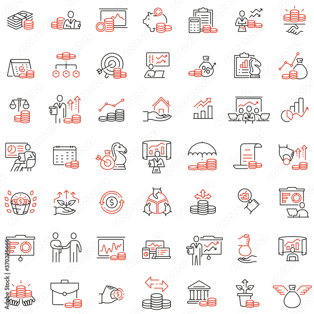 Vector set of linear icons related to finance management, trade service ...