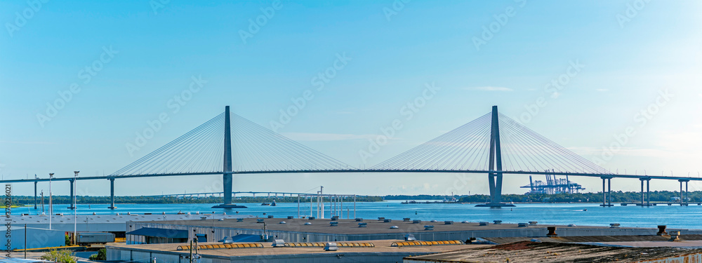 Ravenel Bridge, seen from downtown Charleston, with the Wando River ...
