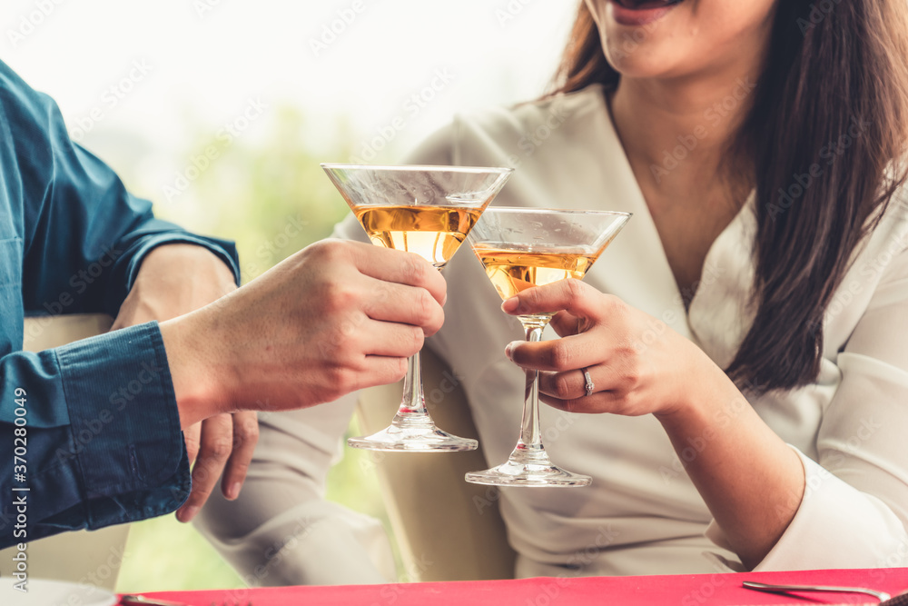Happy romantic couple eating lunch at restaurant . Couple anniversary ...